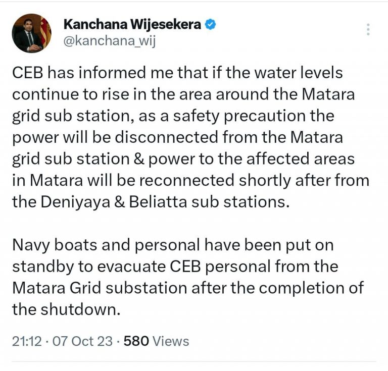 CEB’s Matara grid substation to be disconnected if water levels keep ...