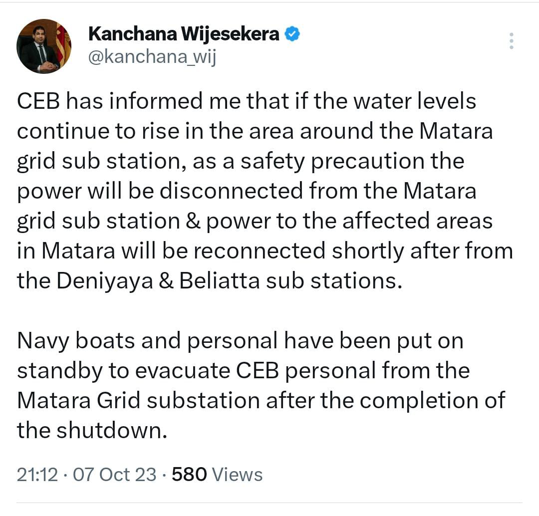 CEB’s Matara grid substation to be disconnected if water levels keep ...